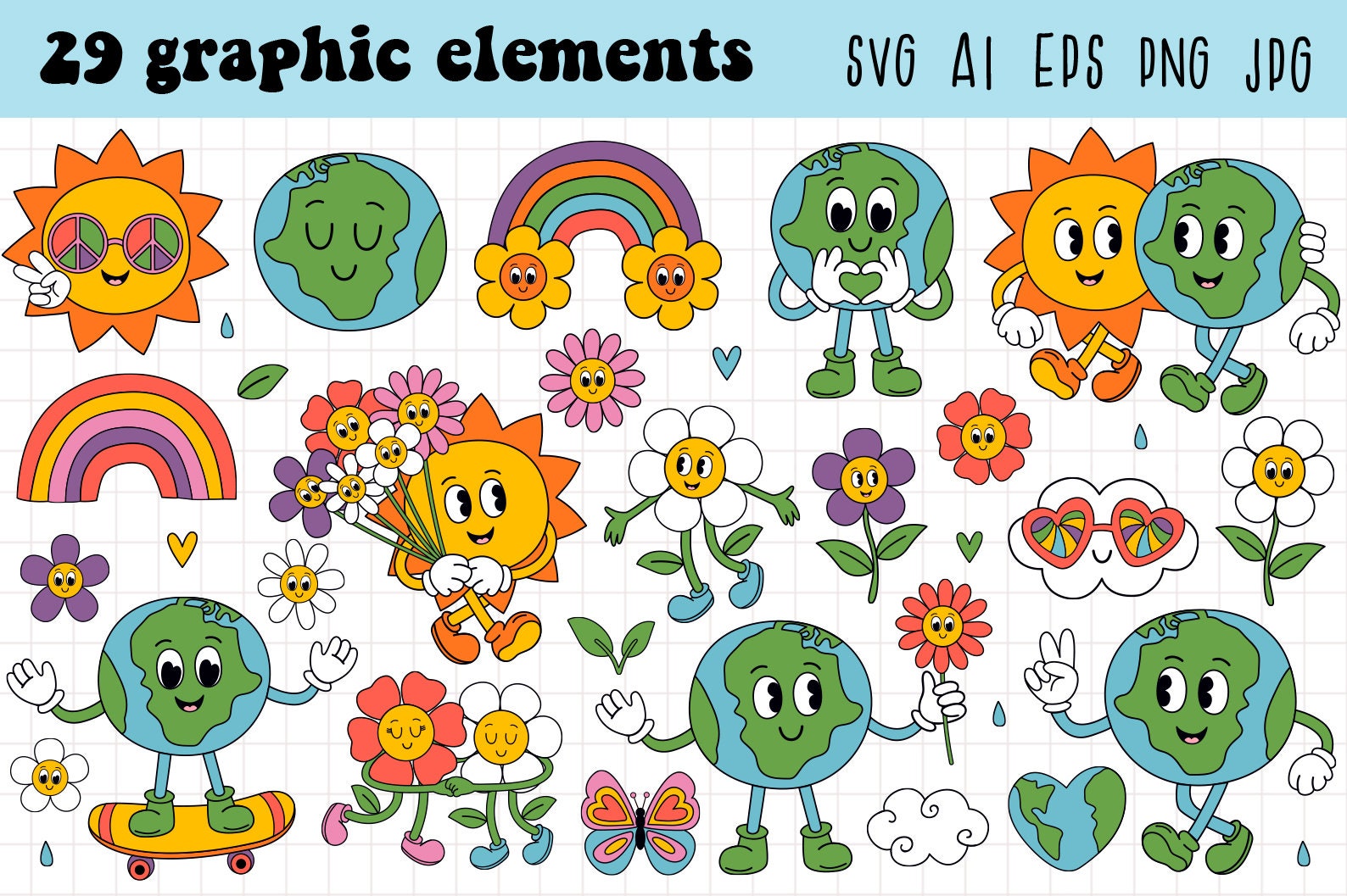 Retro Earth Day, Cute Hippie Flowers, Flower Power, Sun, Earth Svg ...