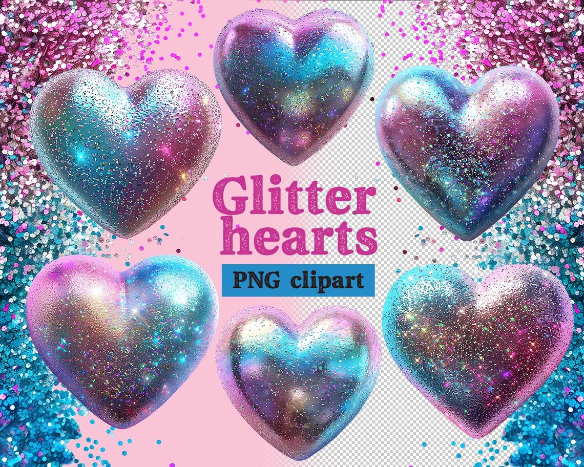 Glitter Hearts Clipart Set, Glitter Border Frame PNG, 3D Heart Clipart ...
