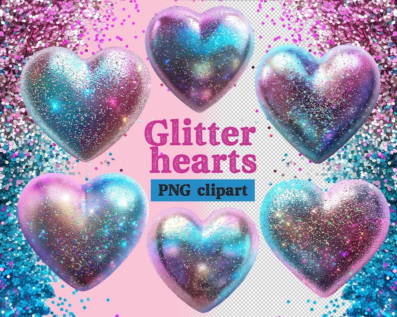 Glitter Hearts Clipart Set, Glitter Border Frame PNG, 3D Heart Clipart ...