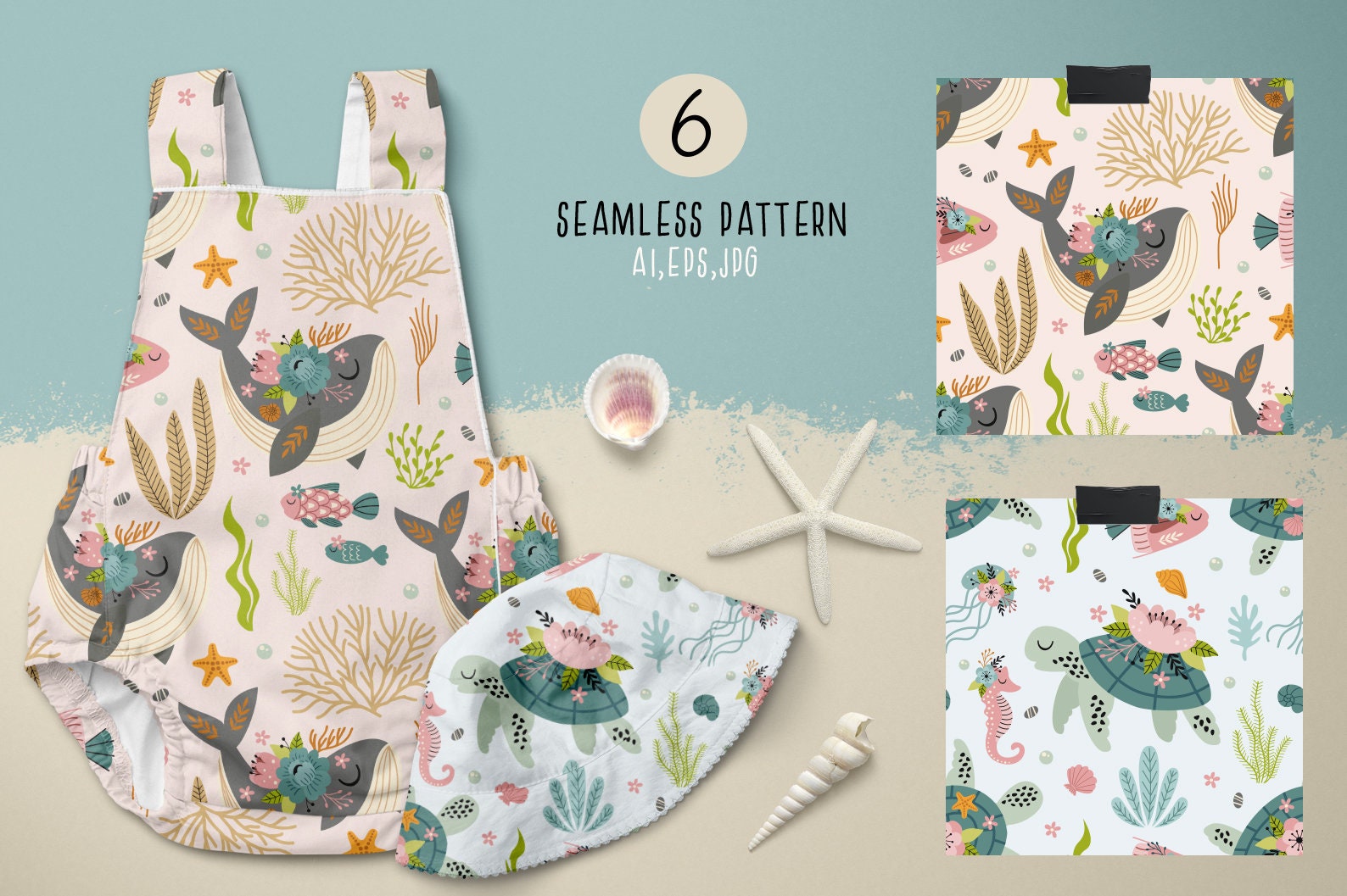 Sea Animals Digital Paper Set, Floral Sea Life Seamless Pattern, Ocean ...