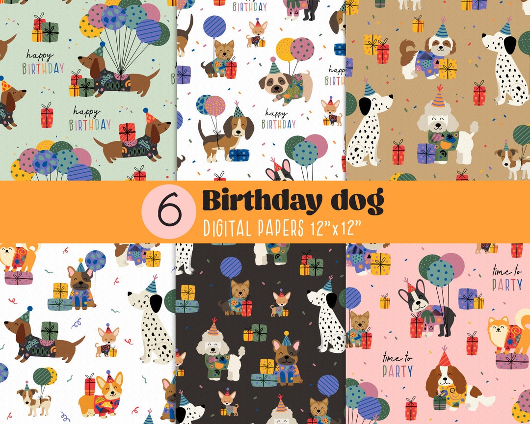 Birthday Dog Breeds Digital Paper, Party Dog Seamless Pattern, Dogs ...