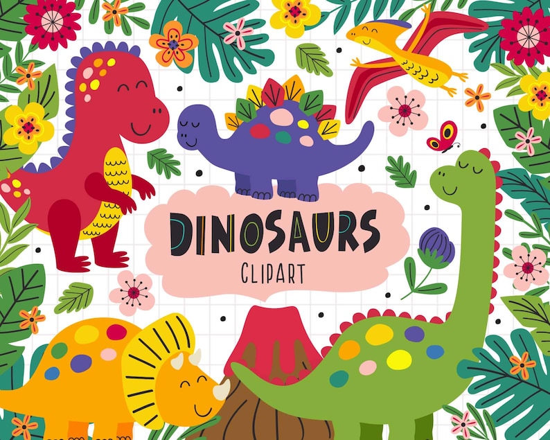 Cute Dinosaur Clipart, Jurassic Dino Clipart, Cute Dino Svg, Flowers ...