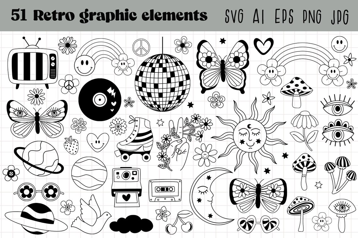 Retro Vibes Digital Clipart Set, Black and White, Groovy Hippie, Retro ...