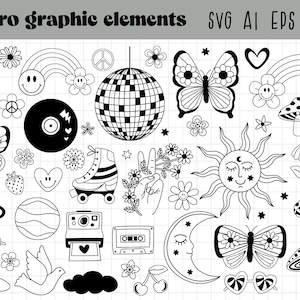 Retro Vibes Digital Clipart Set, Black and White, Groovy Hippie, Retro ...