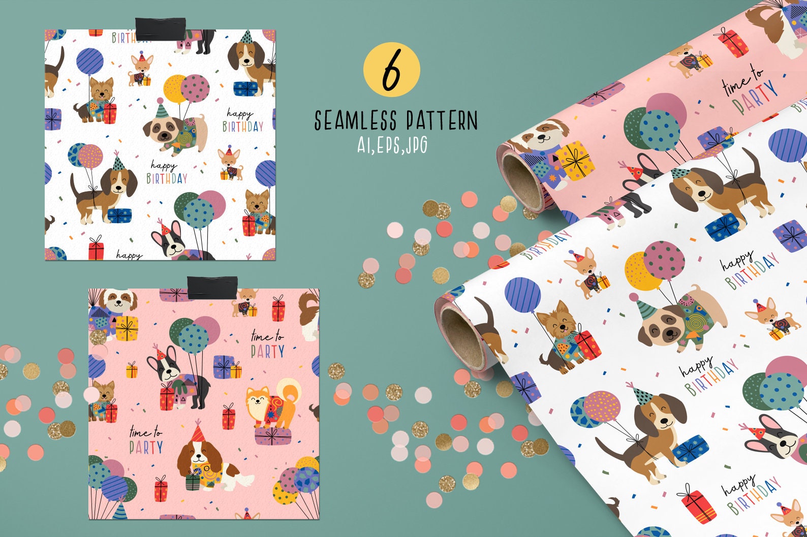 Birthday Dog Breeds Digital Paper, Party Dog Seamless Pattern, Dogs ...