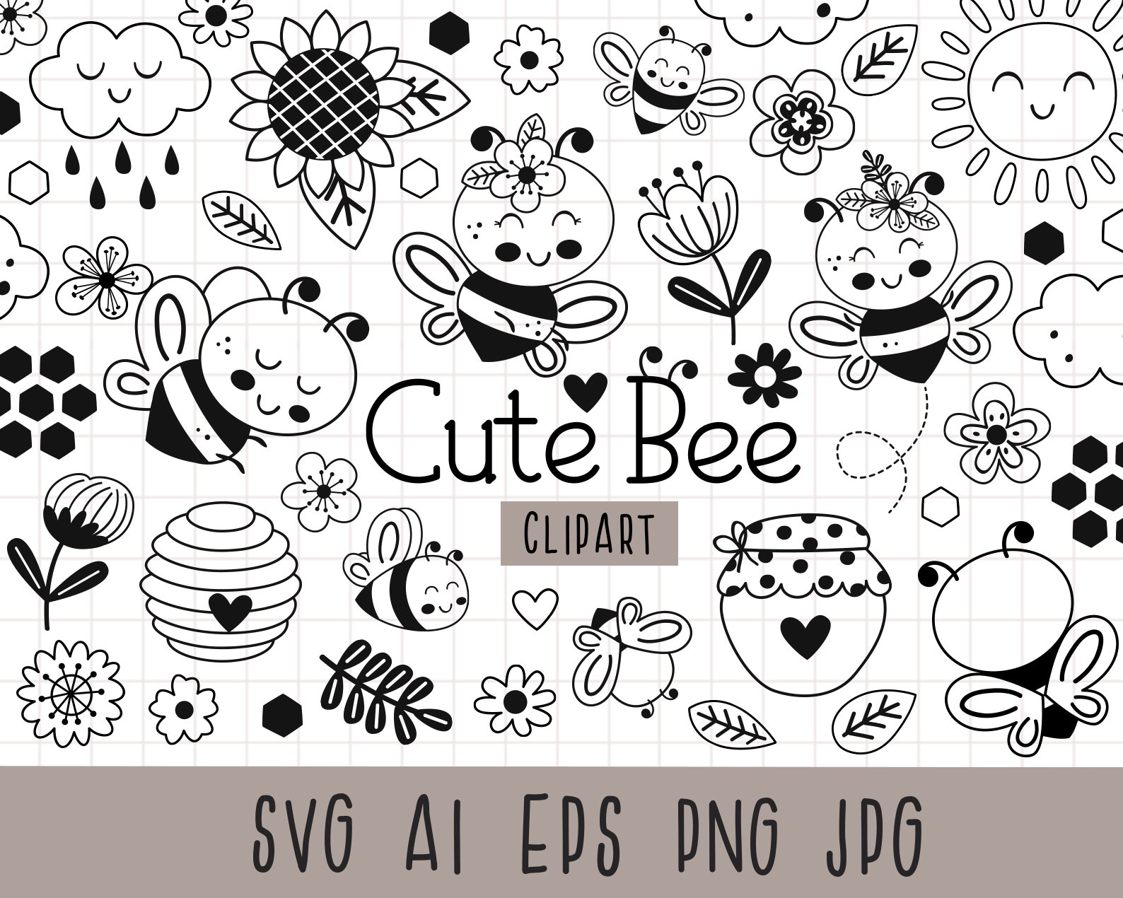 Bee Clipart, Bee Svg, Black and White, Honeycomb Svg, Queen Bee Svg ...