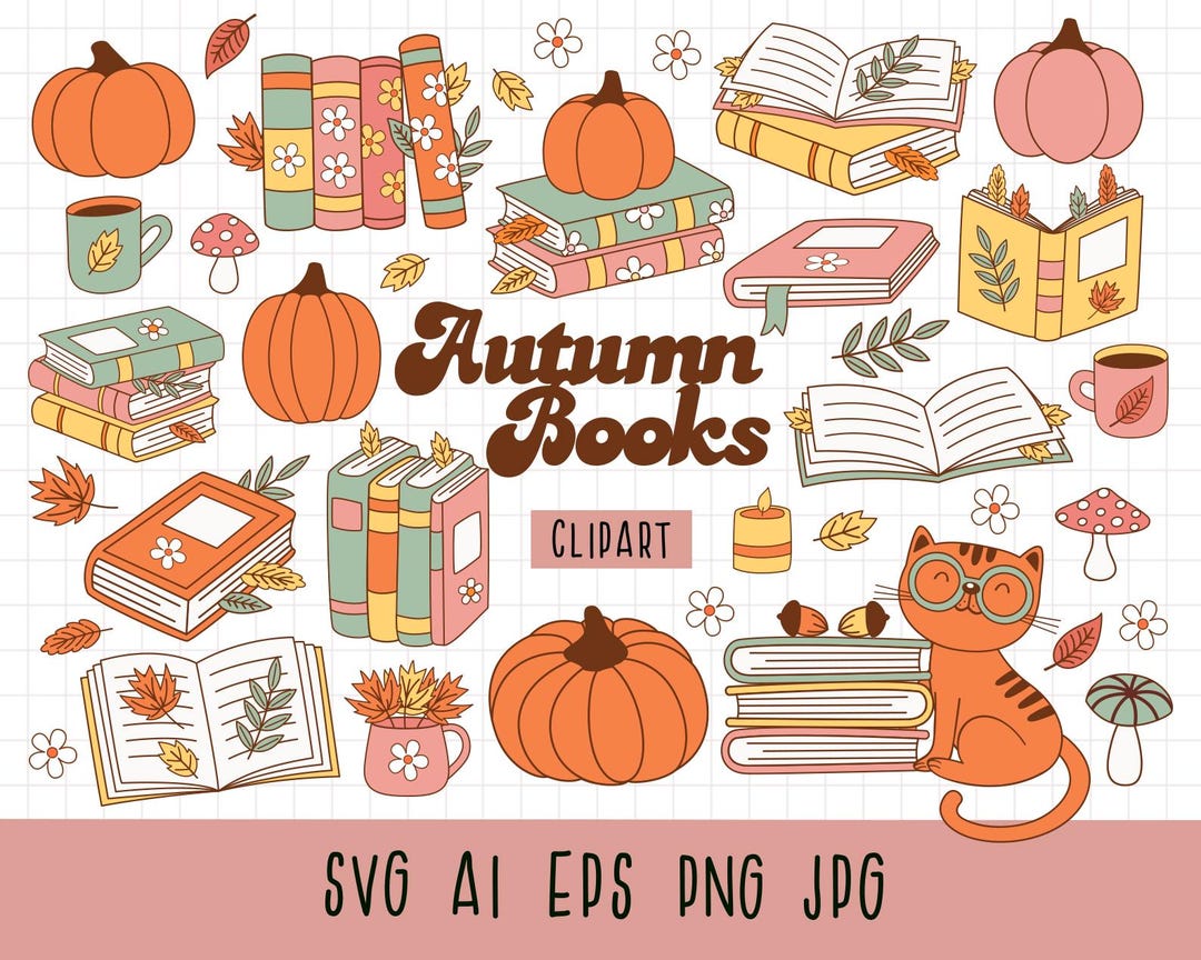 Fall Bookish Clipart, Retro Autumn Reading Png, Cozy Readers Png, Cute ...