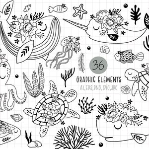 Floral Sea Life Clip Art, Ocean Animals Svg, Boho Sea Animal Clipart ...