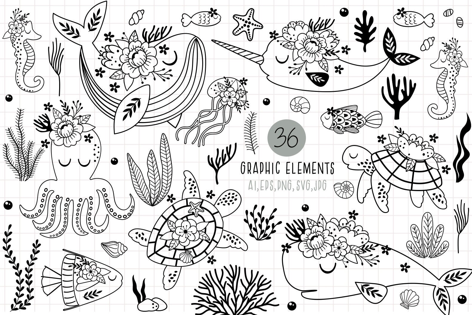 Floral Sea Life Clip Art, Ocean Animals Svg, Boho Sea Animal Clipart ...