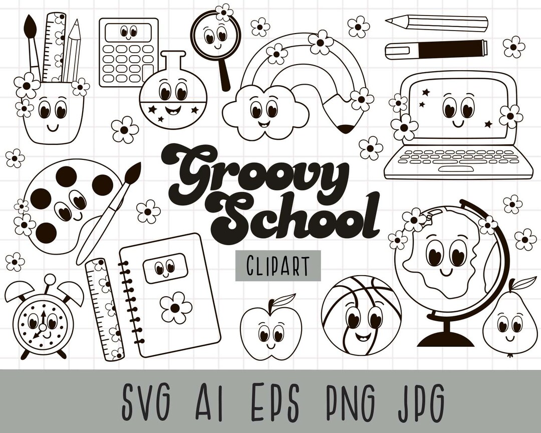 Groovy School Clipart, Retro Back to School, Education Clipart, School ...