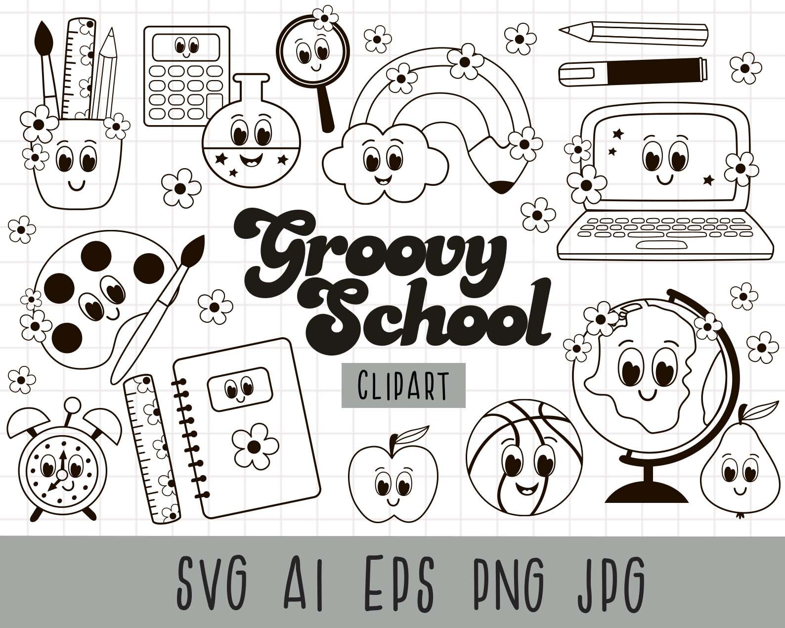 Groovy School Clipart, Retro Back to School, Education Clipart, School ...