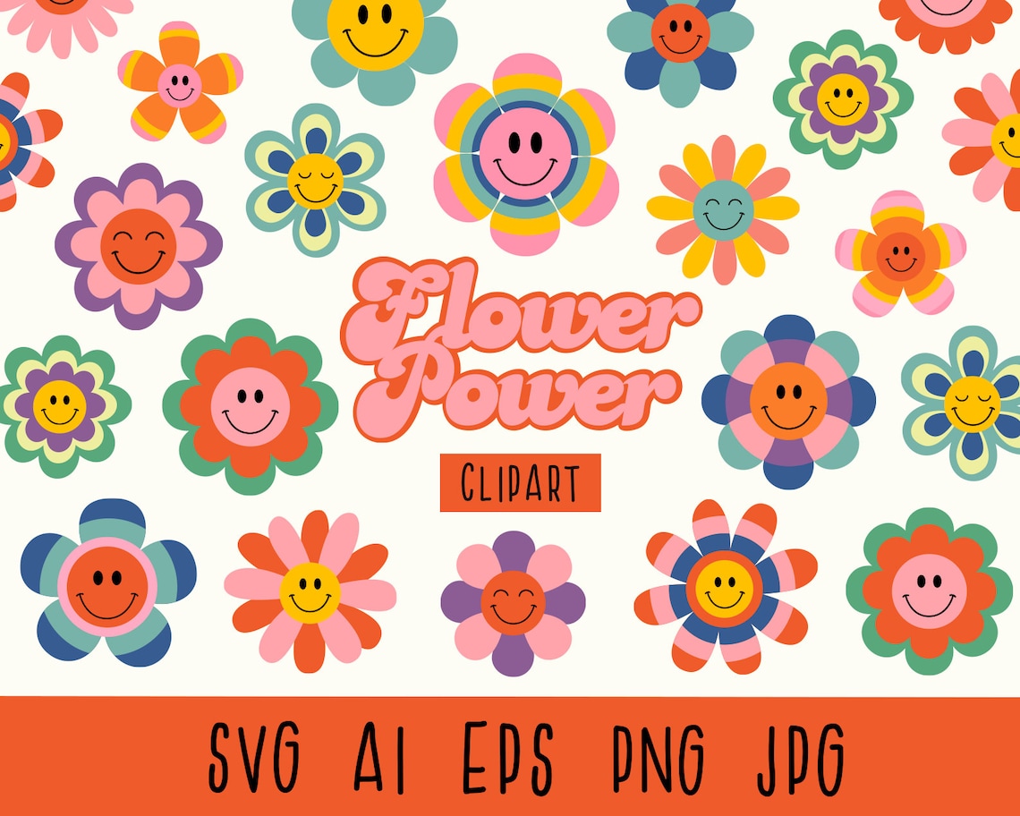 Retro Flowers Clipart, Hippie Clipart, Groovy Florals Clipart, Groovy ...