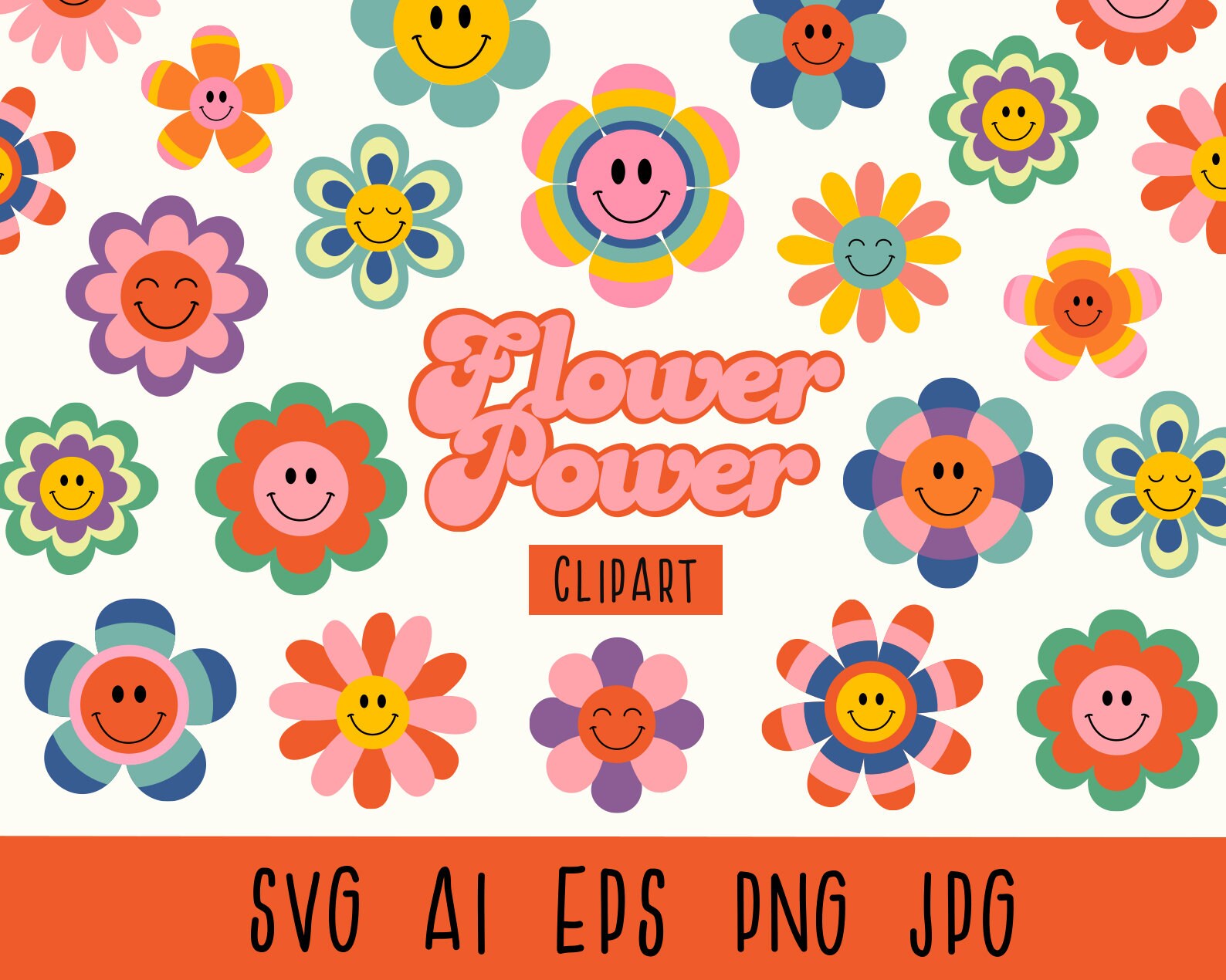 Retro Flowers Clipart, Hippie Clipart, Groovy Florals Clipart, Groovy ...