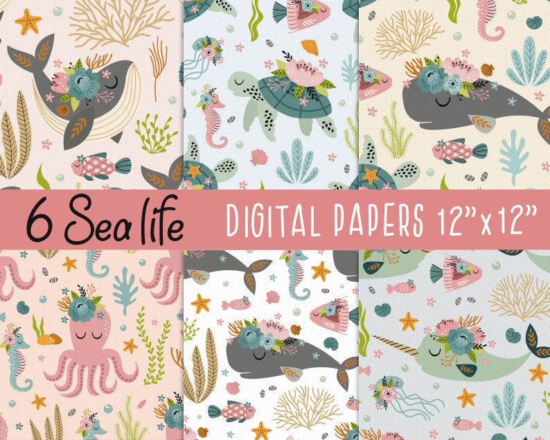 Sea Animals Digital Paper Set Floral Sea Life Seamless - Etsy