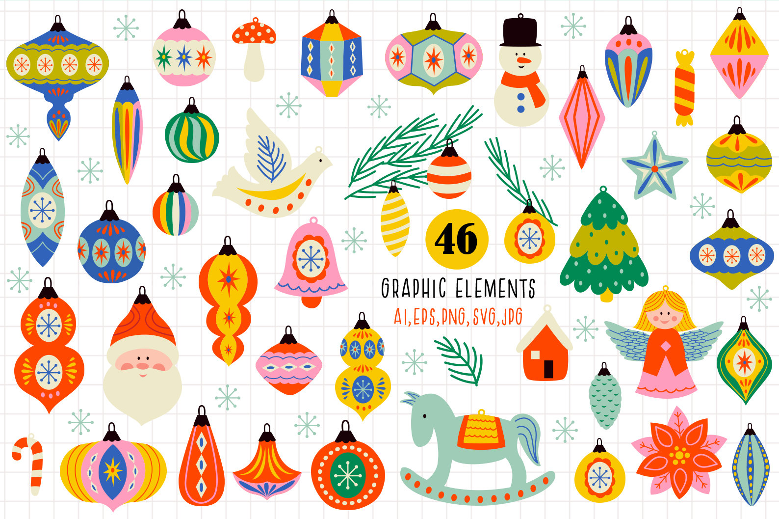 Christmas Clipart, Retro Christmas Ornaments Svg, Vintage Tree ...