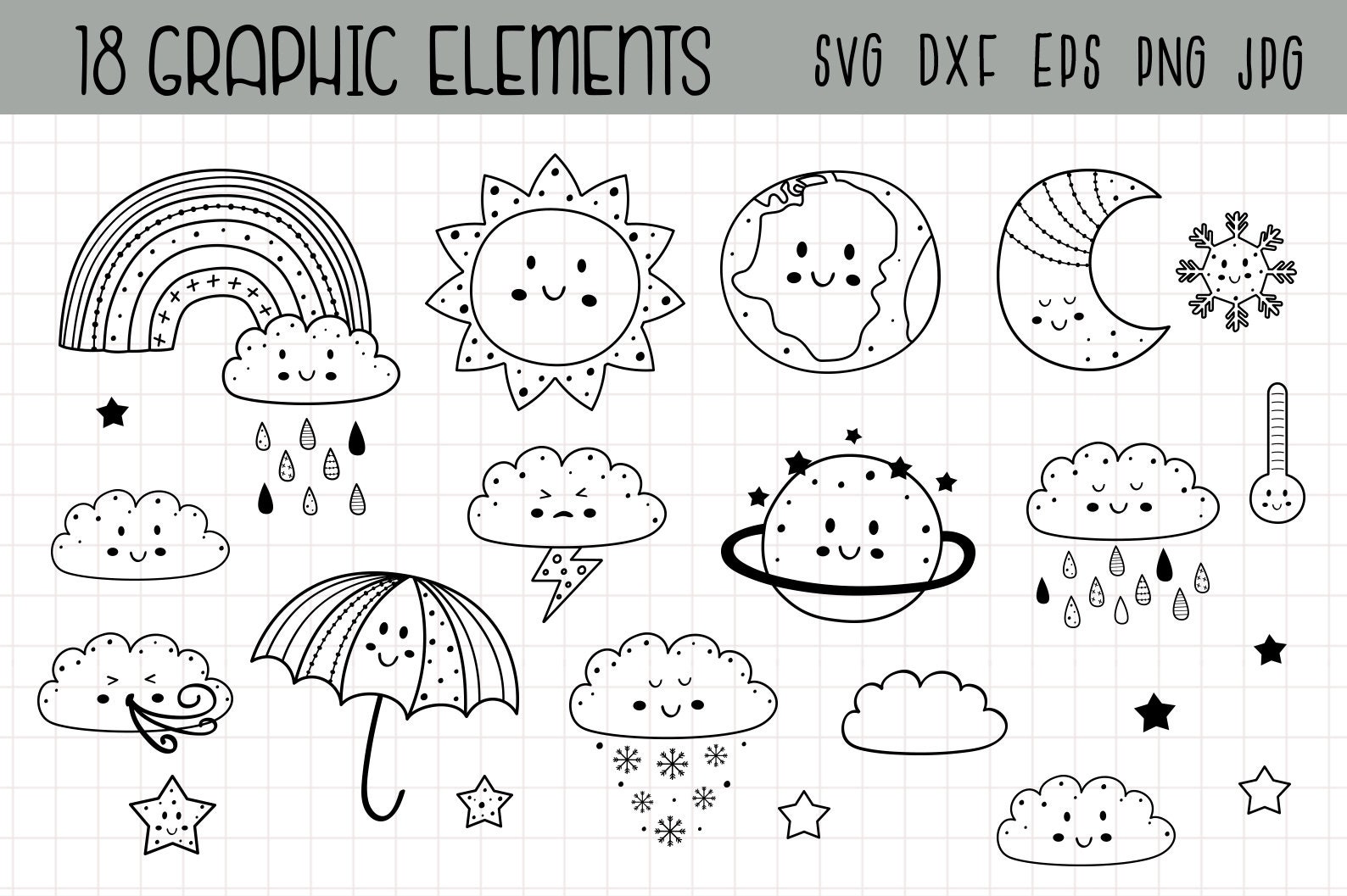 Weather Clipart Set, Cloud Svg, Sun Clipart, Rainbow Svg, Snow Clipart ...