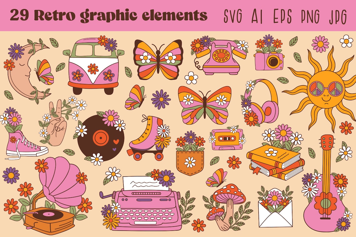 Retro Vibes Digital Clipart Set, Retro 60s 70s 90s, Groovy Hippie ...
