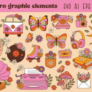 Retro Vibes Digital Clipart Set, Retro 60s 70s 90s, Groovy Hippie ...