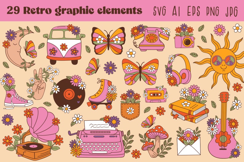 Retro Vibes Digital Clipart Set, Retro 60s 70s 90s, Groovy Hippie ...