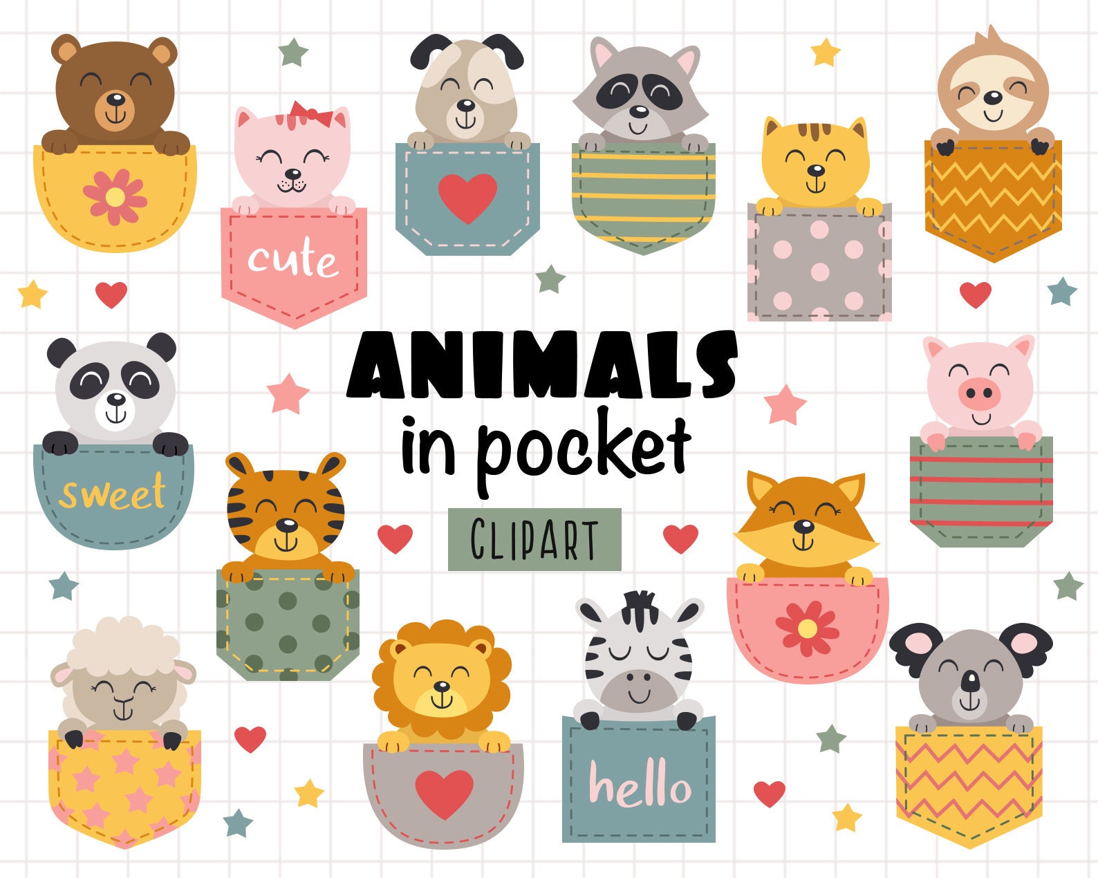 Animals in Pocket Clipart, Pocket Animal Farm Svg, Cute Pets Svg, Baby ...