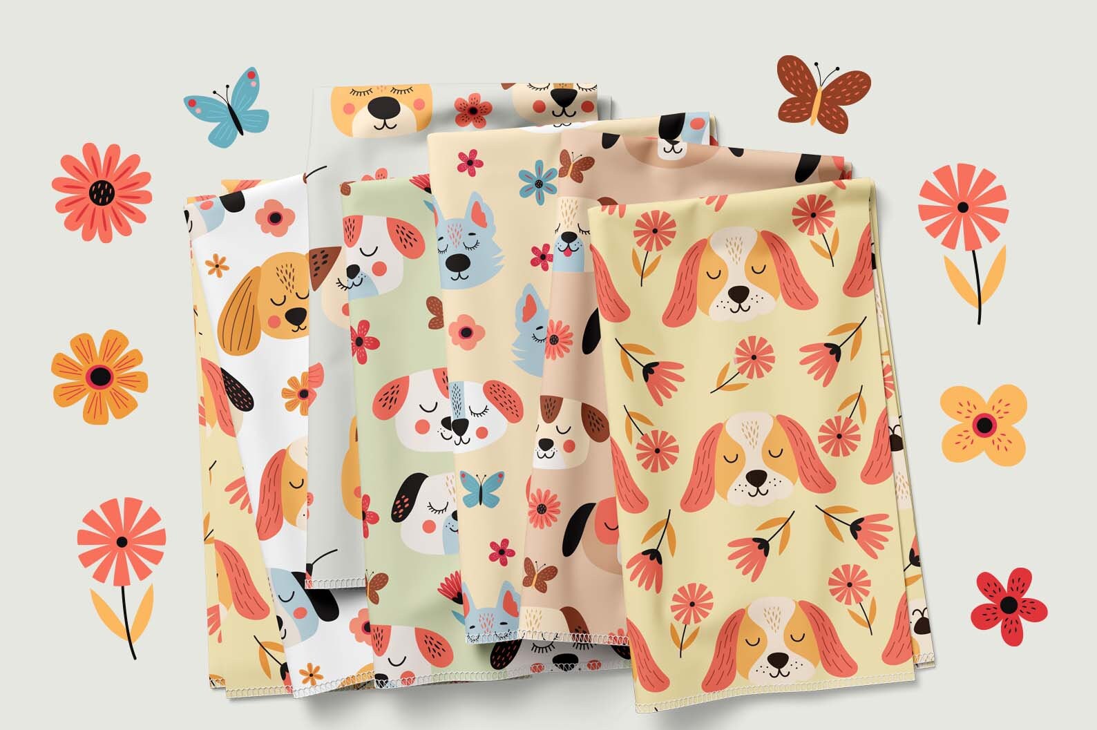 Funny Dogs Digital Paper Pack, Cute Dogs Seamless, Flower Backgrounds ...