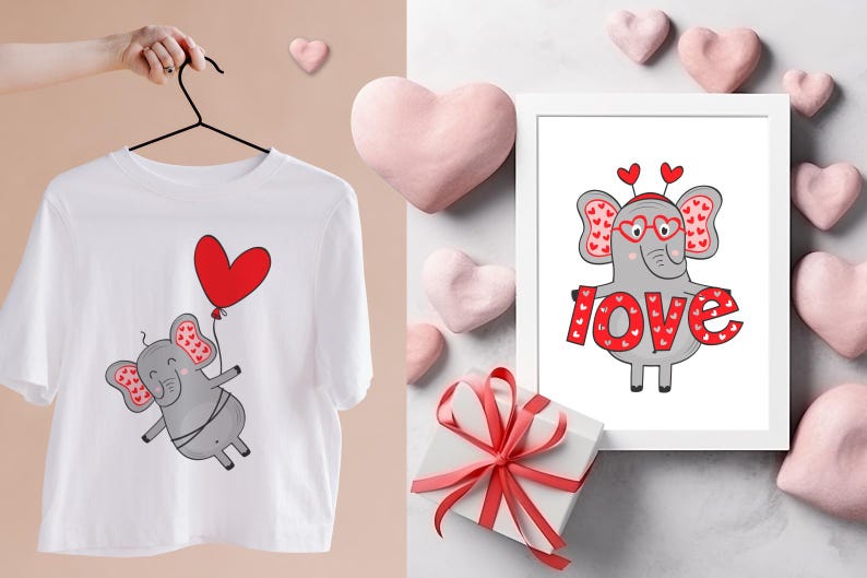 Cute Love Elephant Clipart, Valentines Clipart, Valentine Heart, Fun ...