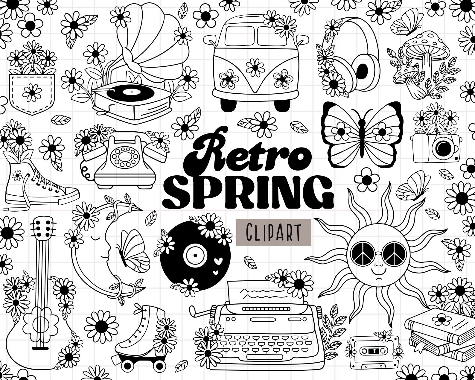 Retro Vibes Digital Clipart Set, Retro 60s 70s 90s, Groovy Hippie ...