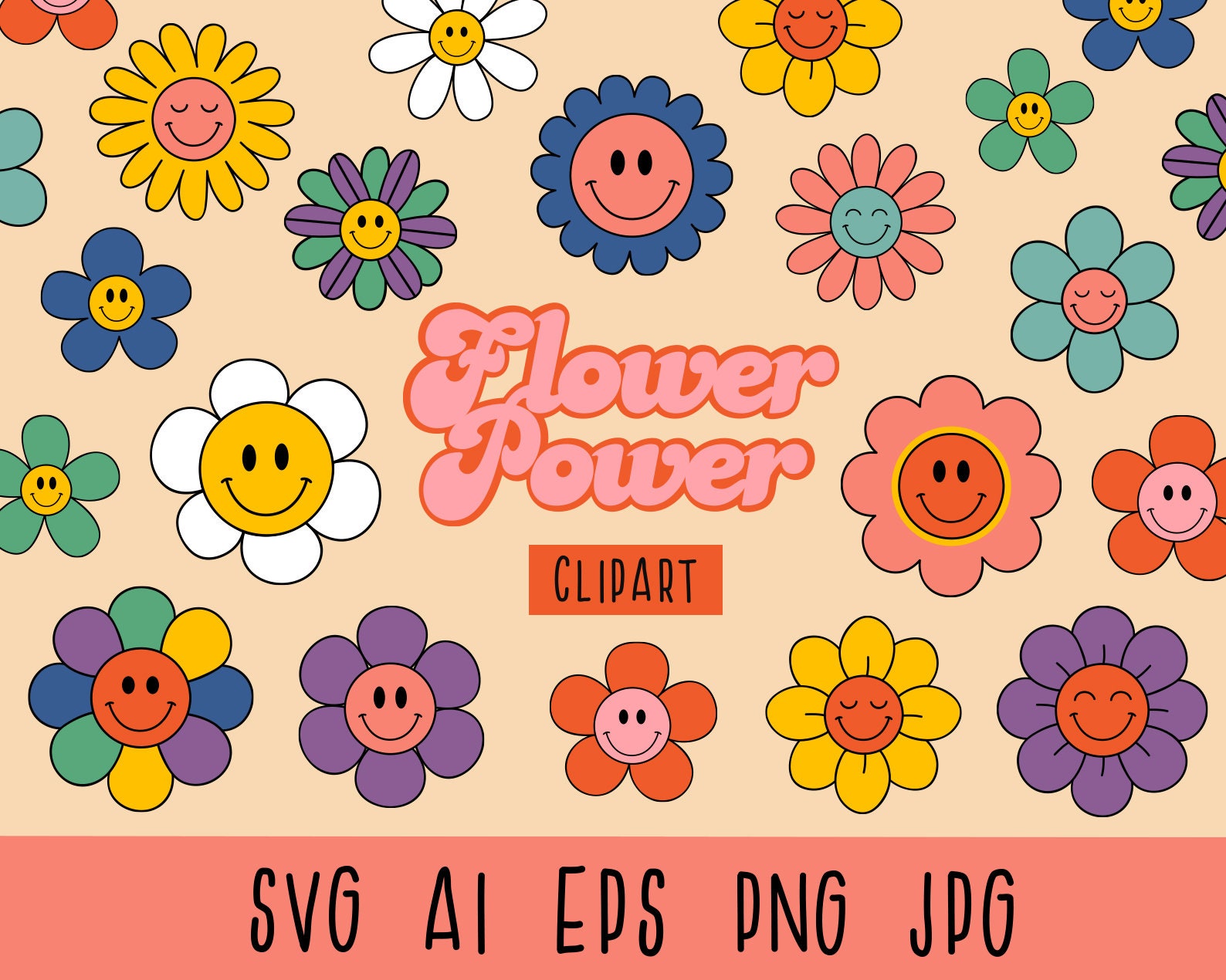 Retro Flowers Clipart, Hippie Clipart, Groovy Florals Clipart, Groovy ...