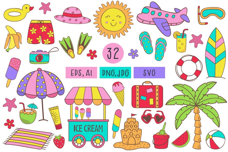 Summer Clipart Set Beach Clipart Hello Summer Clipart Travel Clipart ...
