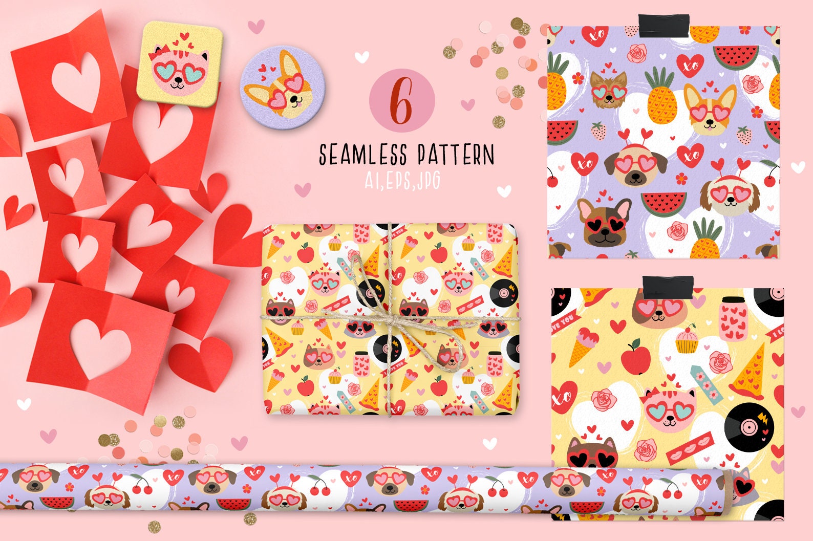 Valentine Seamless Digital Papers, Heart Backgrounds,love Dog Digital ...