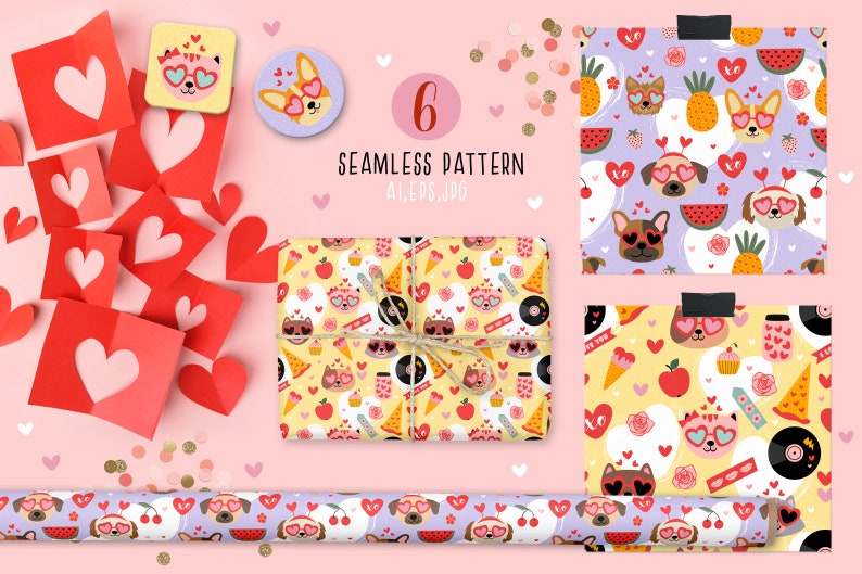 Valentine Seamless Digital Papers, Heart Backgrounds,love Dog Digital ...