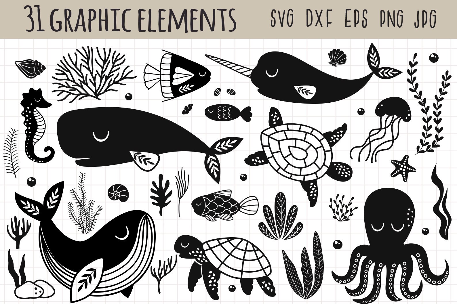 Sea Life Clip Art, Ocean Animals Svg, Boho Sea Animal Clipart, Black ...