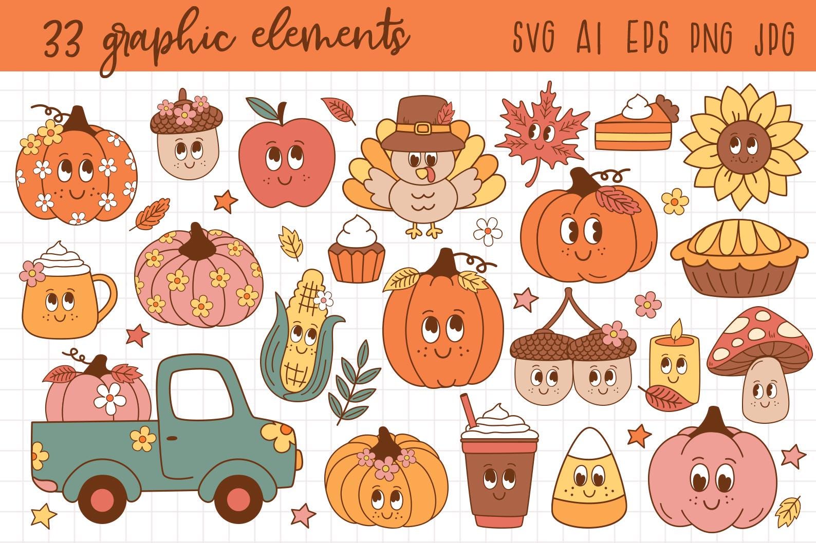 Groovy Autumn Clipart, Retro Fall Png, Thanksgiving Png, Hippie Flower ...