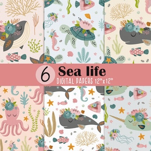 Sea Animals Digital Paper Set, Floral Sea Life Seamless Pattern, Ocean ...