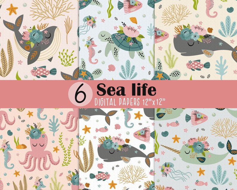 Sea Animals Digital Paper Set, Floral Sea Life Seamless Pattern, Ocean ...