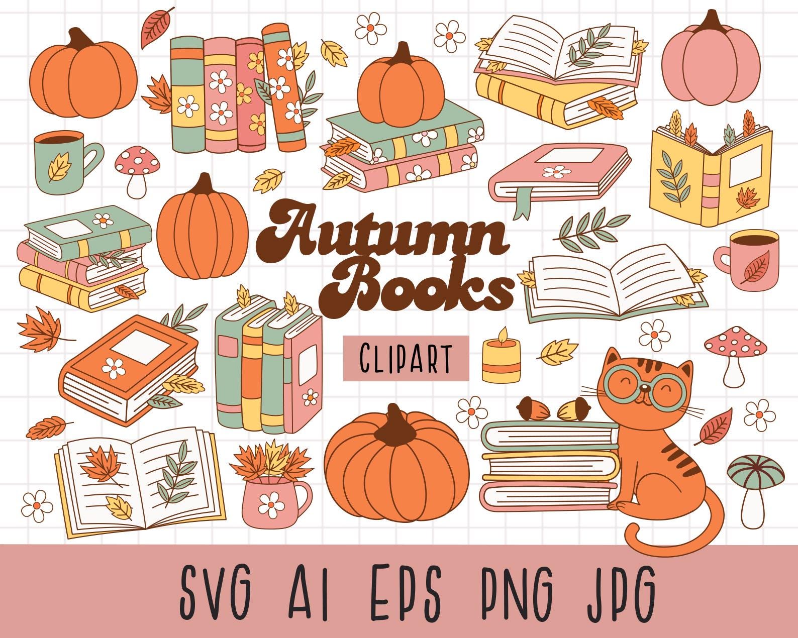 Fall Bookish Clipart, Retro Autumn Reading Png, Cozy Readers Png, Cute ...