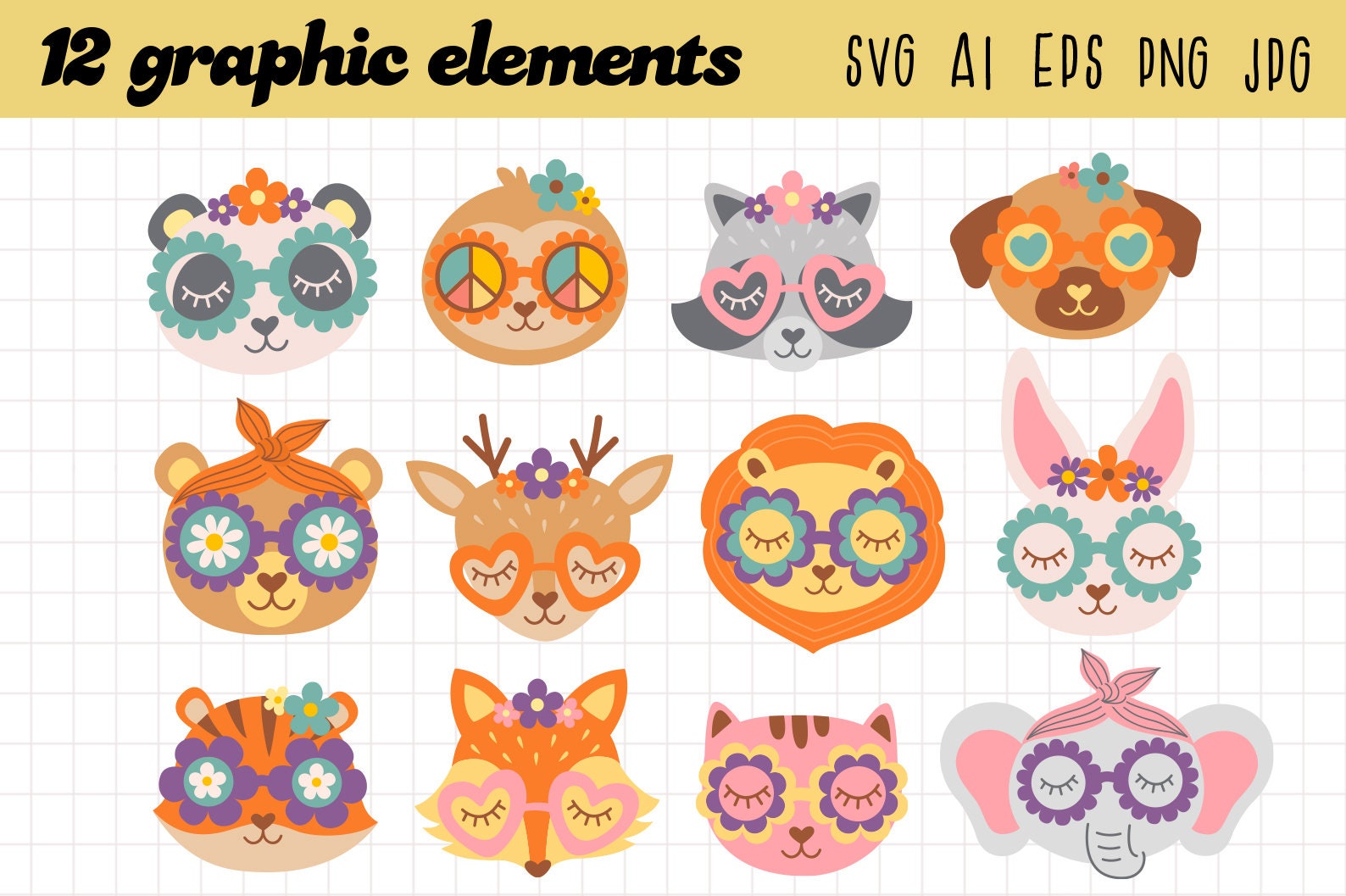 Retro Animal Clipart Groovy Animal Face Svg Woodland Animals - Etsy