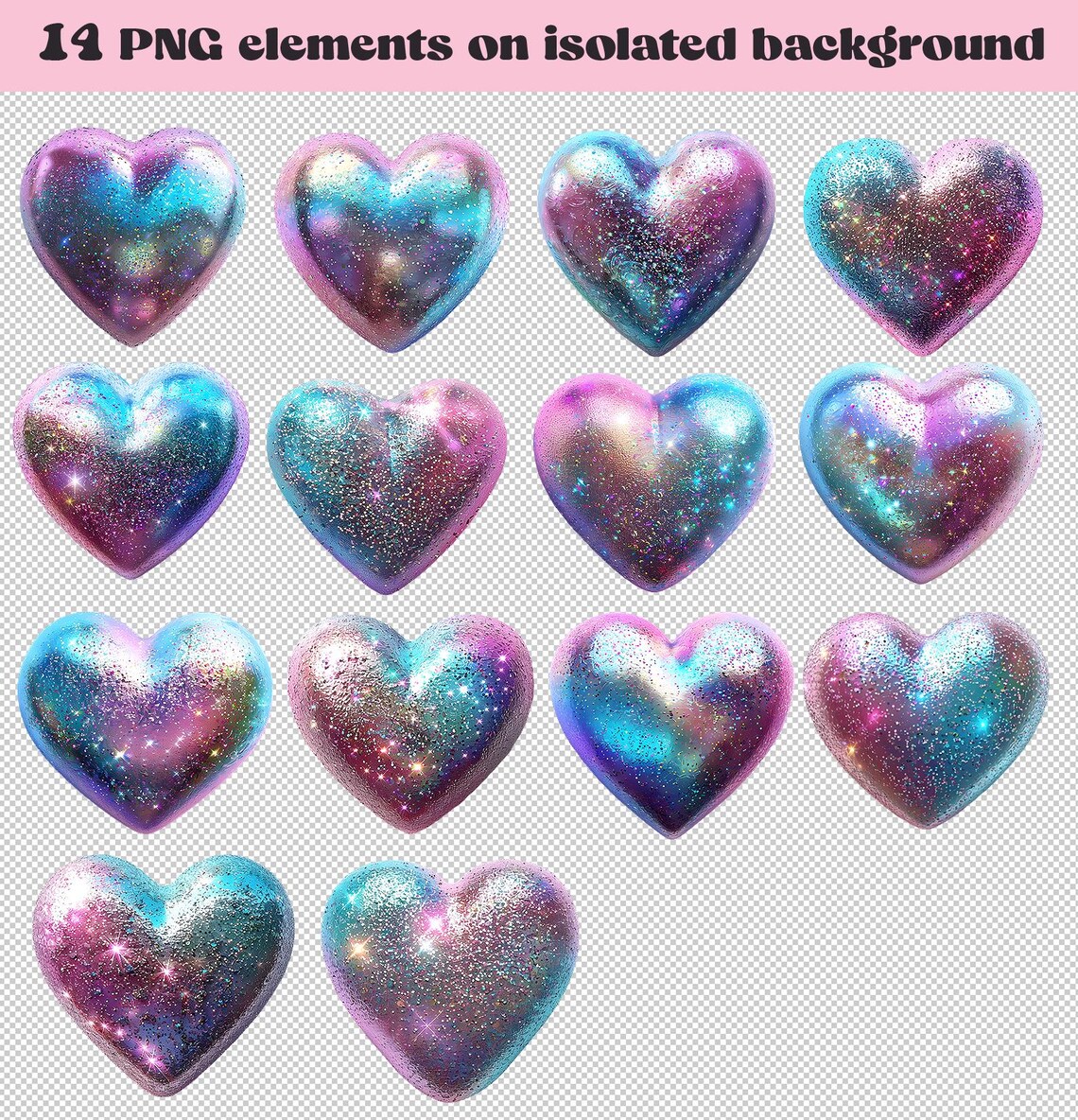 Glitter Hearts Clipart Set, Glitter Border Frame PNG, 3D Heart Clipart ...