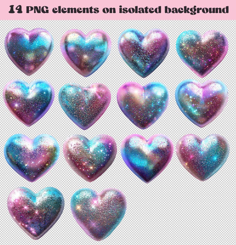 Glitter Hearts Clipart Set, Glitter Border Frame PNG, 3D Heart Clipart ...