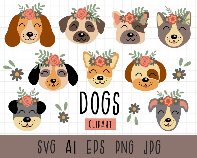 Cute Dogs Clipart, Dog Flower Crown Svg, Dog Face Svg, Dog Head Clipart ...