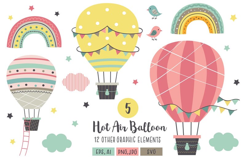 Hot Air Balloon Svg Rainbow Svg Balloon Clipart Clouds Svg Printable ...