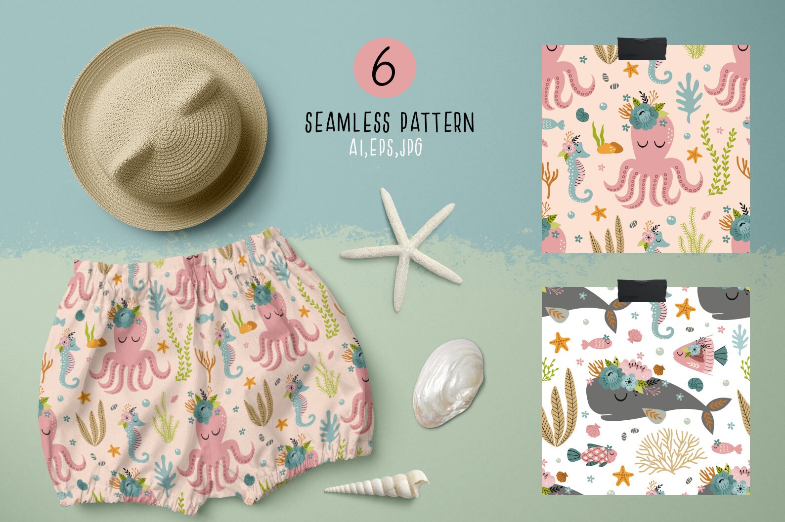 Sea Animals Digital Paper Set, Floral Sea Life Seamless Pattern, Ocean ...