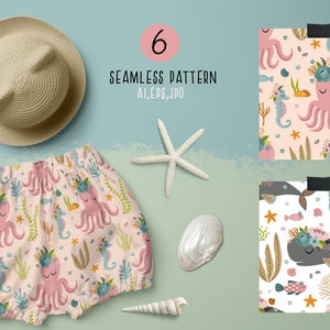 Sea Animals Digital Paper Set, Floral Sea Life Seamless Pattern, Ocean ...