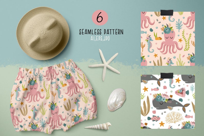 Sea Animals Digital Paper Set, Floral Sea Life Seamless Pattern, Ocean ...