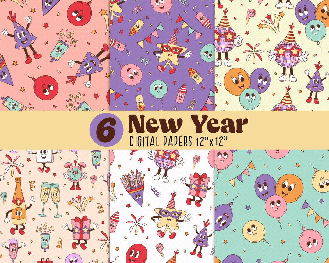 Retro New Years Backgrounds, New Year Seamless Pattern, Groovy Digital ...
