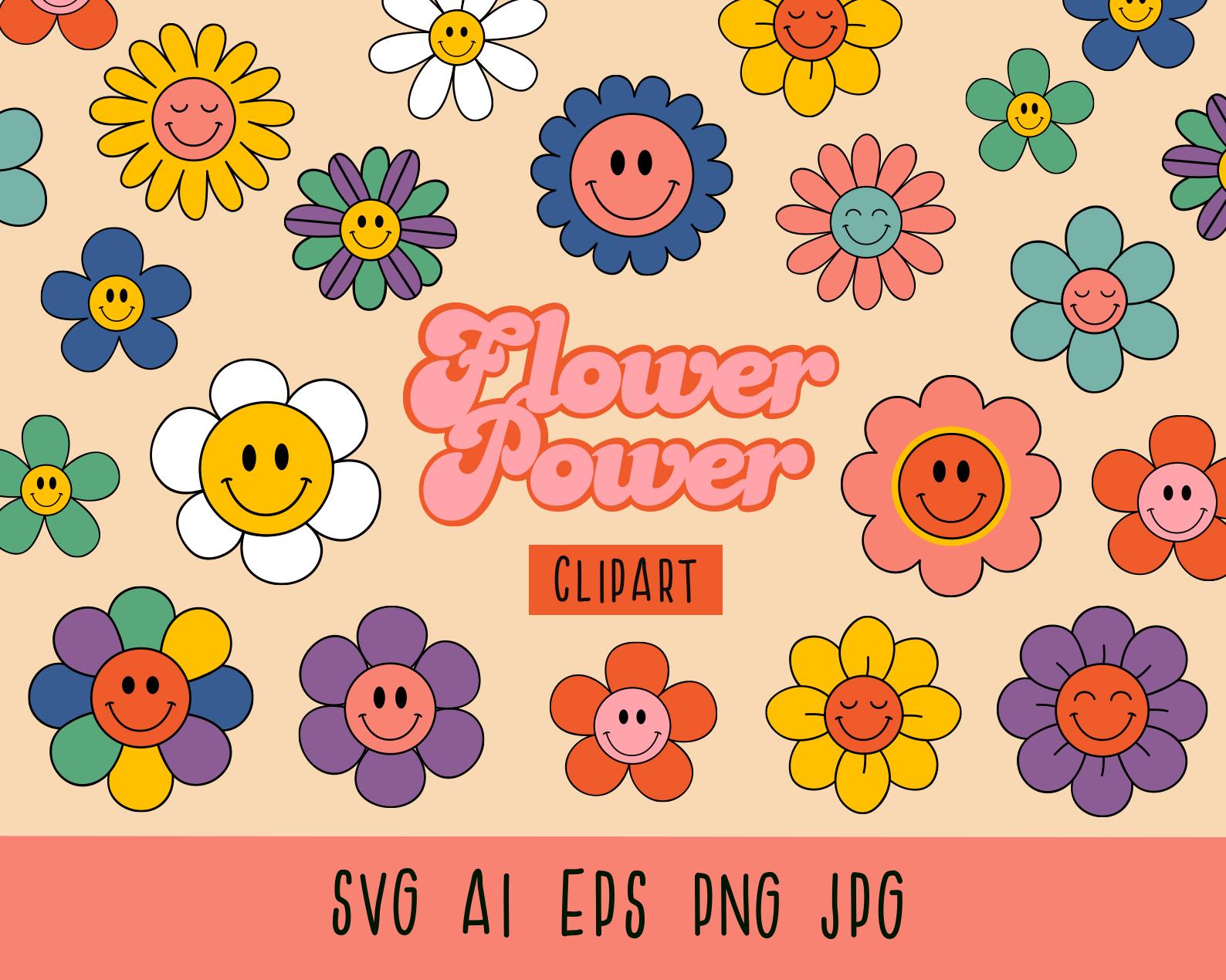 Retro Flowers Clipart, Hippie Clipart, Groovy Florals Clipart, Groovy ...