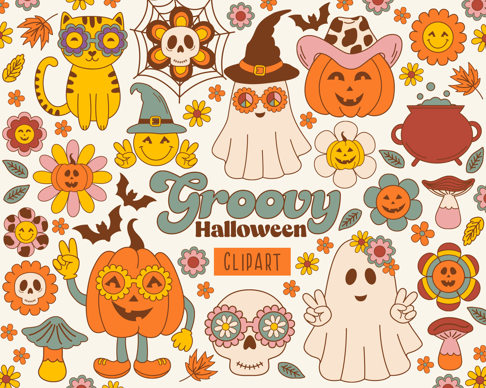 Groovy Retro Halloween, Halloween SVG, Groovy Halloween Clipart, Fall ...
