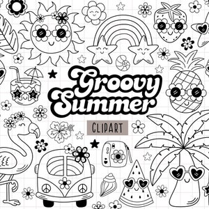 Groovy Summer Clipart Retro Summer Clipart Beach Clipart Black and ...