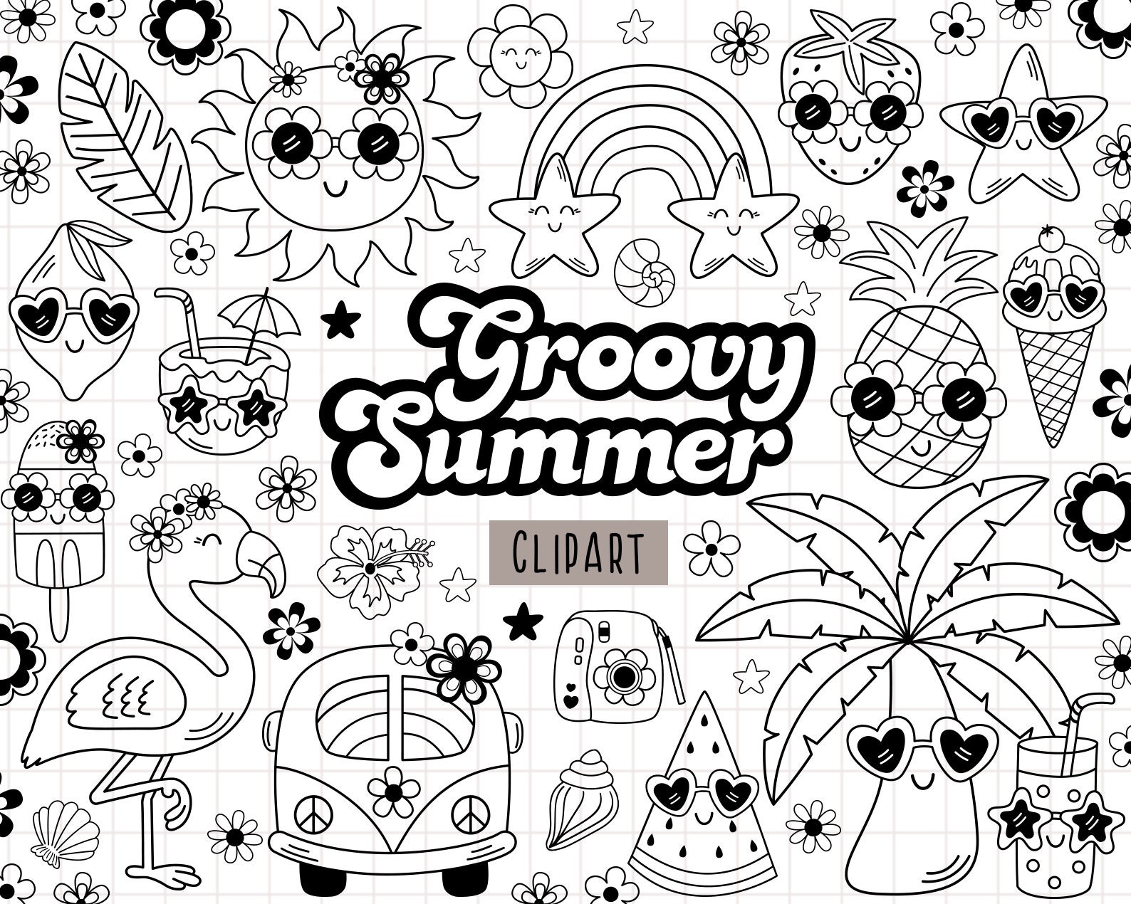 Groovy Summer Clipart Retro Summer Clipart Beach Clipart Black and ...