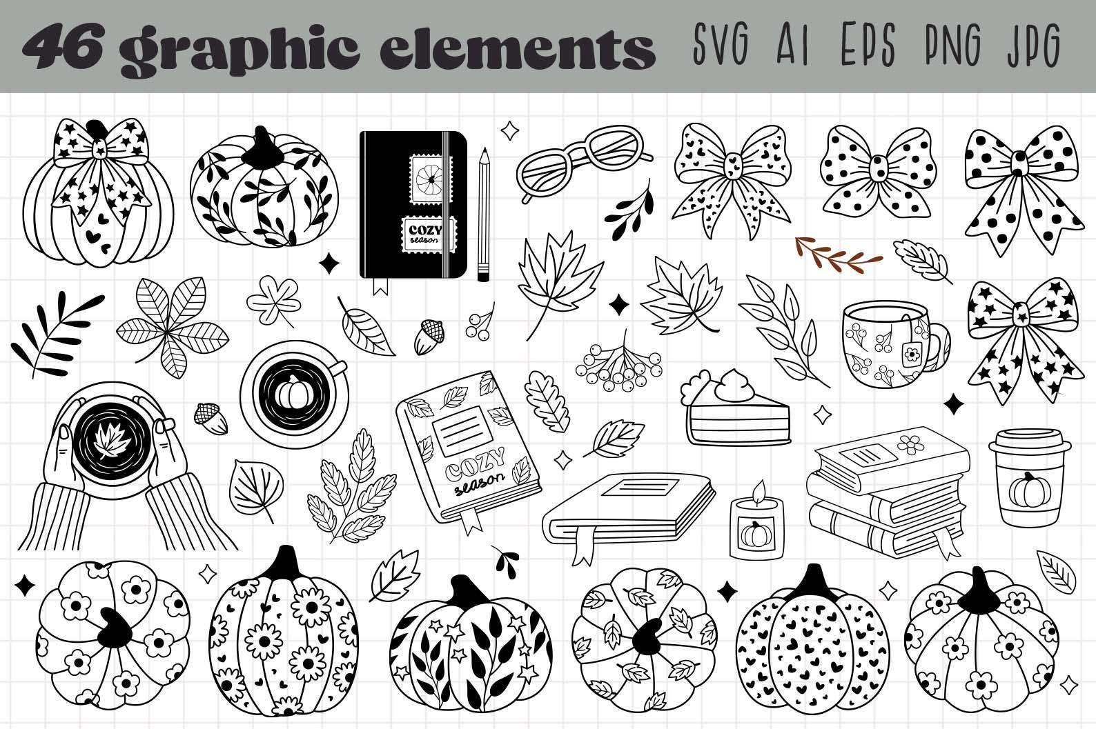 Autumn Clipart, Cozy Fall Clipart, Autumn Leaves, Pumpkins SVG, Book ...